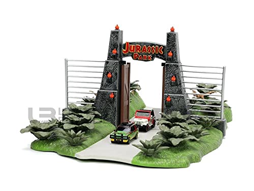 Nano Scene Jurassic Park 30th Anniversary Jurassic Gate Diorama w/ Two 1.65" Die-Cast Cars, Toys for Kids and Adults