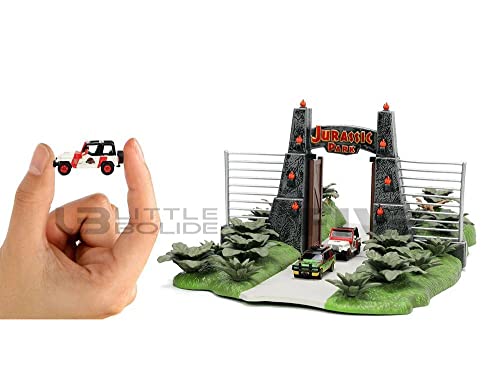 Nano Scene Jurassic Park 30th Anniversary Jurassic Gate Diorama w/ Two 1.65" Die-Cast Cars, Toys for Kids and Adults