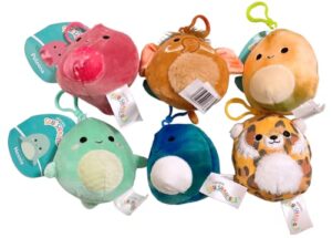 squishmallows kellytoy 3.5/'' assorted squad clip on keychain mini plush doll (set 6 prehistoric squad), 3.5 inch (pack of 6) (sqcp00096)