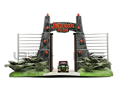 Nano Scene Jurassic Park 30th Anniversary Jurassic Gate Diorama w/ Two 1.65" Die-Cast Cars, Toys for Kids and Adults