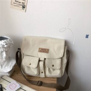 Pbkabiug Women's Canvas Bag Harajuku Messenger Bag Shoulder Bags Vintage Canvas Bag Multiple Pockets Crossbody Bag (White)