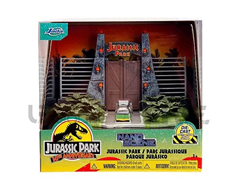 Nano Scene Jurassic Park 30th Anniversary Jurassic Gate Diorama w/ Two 1.65" Die-Cast Cars, Toys for Kids and Adults