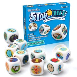 story dice set, 9 colorful storytelling cubes for early education, 54 images iconic storytelling game dice, language expression/imagination, party/family union/gifts for kids/adults, solo/multiplayers