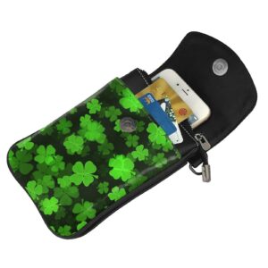 Women's Cell Phone Pouch Small Leather Crossbody Bags St Patricks Day Green Shamrock Clover Leaf Grass Black Printed Wallet Purses with Adjustable Strap Mini Shoulder Bag Card Holder Wallet