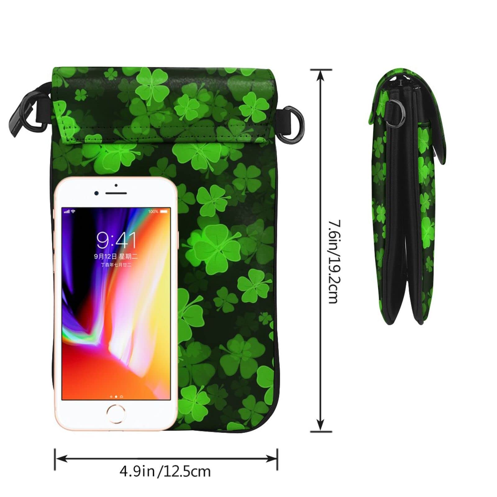 Women's Cell Phone Pouch Small Leather Crossbody Bags St Patricks Day Green Shamrock Clover Leaf Grass Black Printed Wallet Purses with Adjustable Strap Mini Shoulder Bag Card Holder Wallet