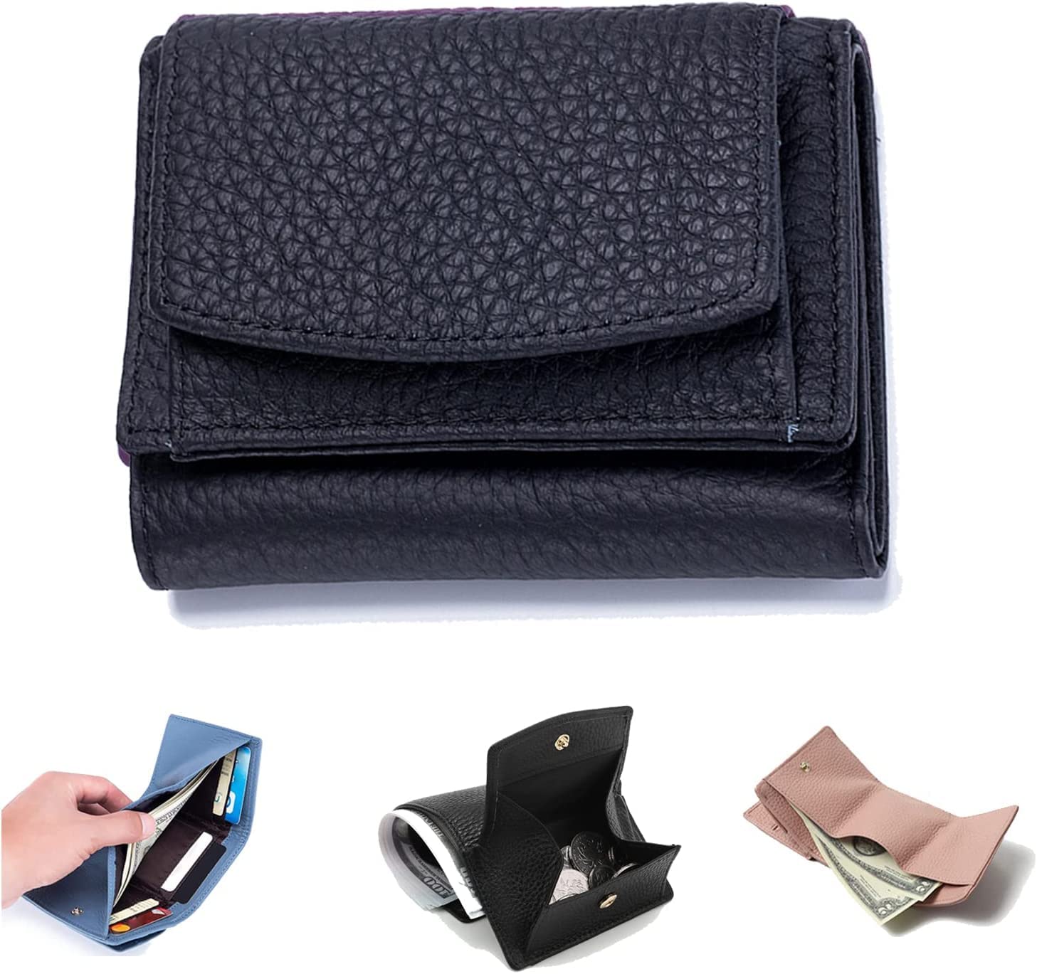 MUGUOY New Unisex Anti-Credit Card Fraud Folding Mini Wallet,Genuine Leather RFID Blocking Card Holder Organizer Pocket,Multi Compartment Bifold Clutch Wallet for Cards,Coins,etc. (Black)