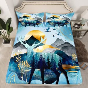 hunt deer fitted sheet full size modern abstract mountain sunset scenery deep pocket sheet kids teens boys pine tree jungle animals bedding set men women golden luxury bed sheet,blue 3pcs