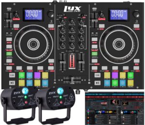 lyxjam 2-deck portable dj controller, mixing console with lcd display, manual looping, usb, mic input, record output, 16 performance pads with virtual dj le software included (download) + party lights