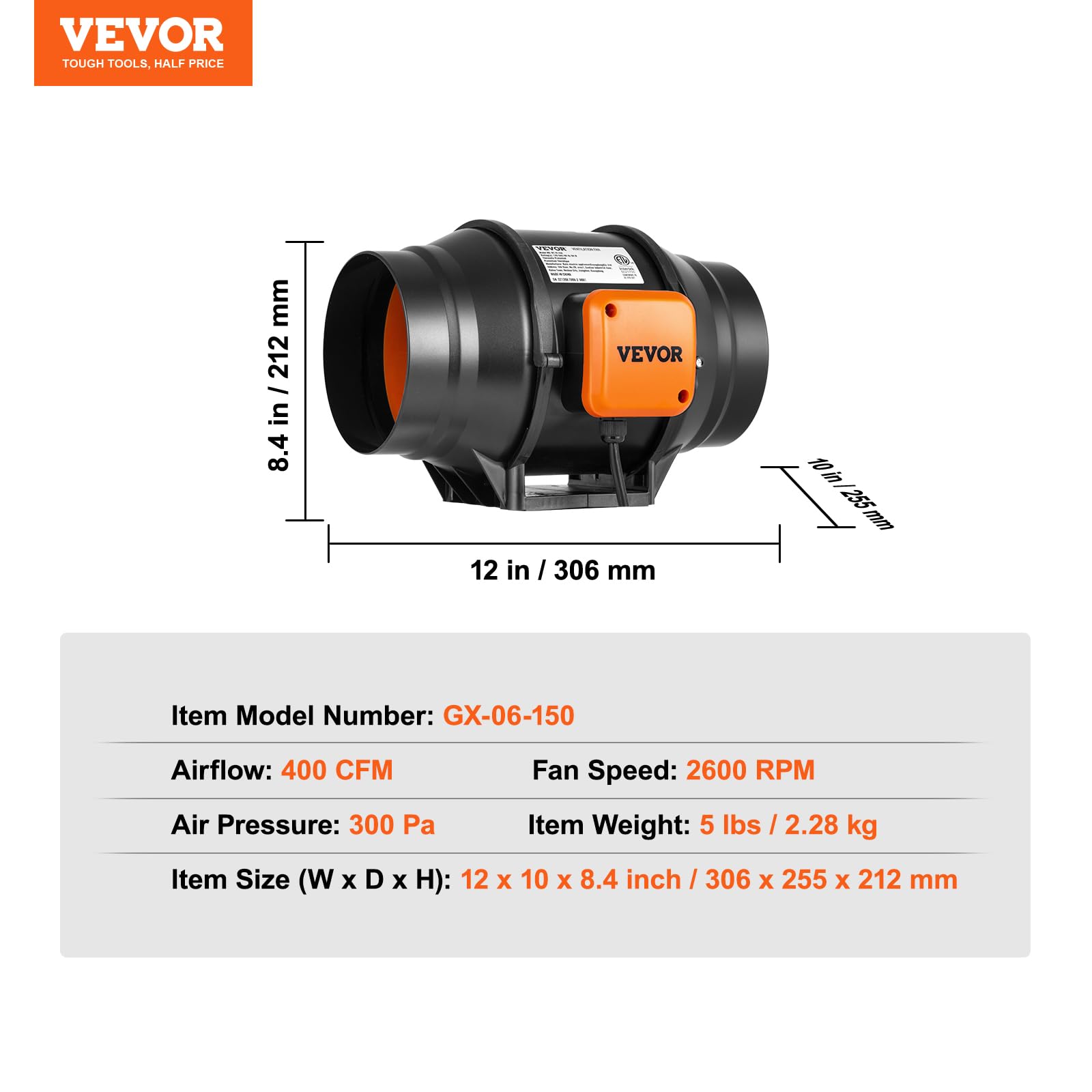 VEVOR Inline Duct Fan, 6-Inch 400 CFM with Variable Speed Controller, Quiet AC-motor Ventilation Exhaust Fan for Cooling Booster, Grow Tents, Hydroponics