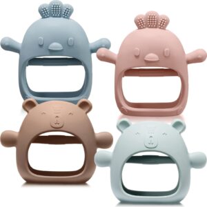 woanger 4 pcs baby teething toys bear hand teethers for babies silicone chick teething toys for babies over 6 months anti dropping wrist mitten for sucking needs (blue, green, pink, brown)