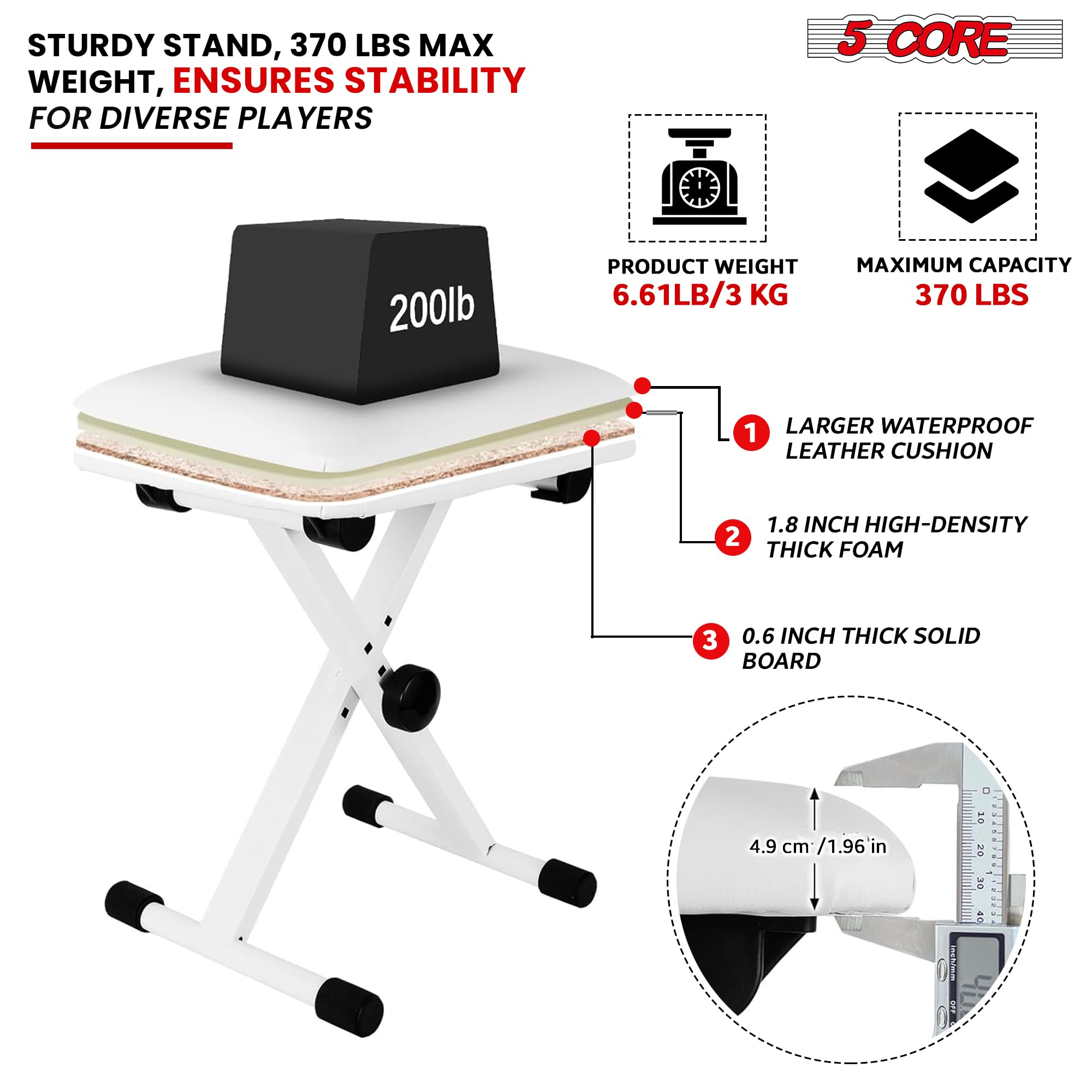 5 CORE Keyboard Bench Pair X Style Piano Stool Thick Padded 12 to 18.5 inch Adjustable Keyboards Chair White KBB02WH