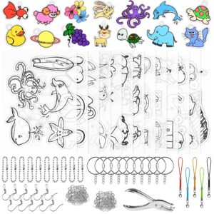 petdcheb shrink paper kit, 160 pieces art craft kit including 25 patterned shrink plastic sheets, keychain and jewelry accessories for kids creative craft making