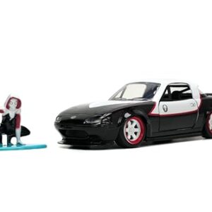 Jada 1990 Mazda Miata Black and White with Graphics and Ghost Spider Diecast Figure Spider-Man Marvel Series 1/32 Diecast Model Car