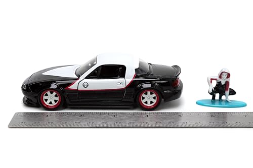 Jada 1990 Mazda Miata Black and White with Graphics and Ghost Spider Diecast Figure Spider-Man Marvel Series 1/32 Diecast Model Car