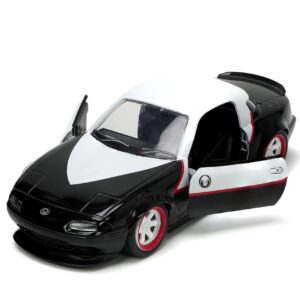 Jada 1990 Mazda Miata Black and White with Graphics and Ghost Spider Diecast Figure Spider-Man Marvel Series 1/32 Diecast Model Car