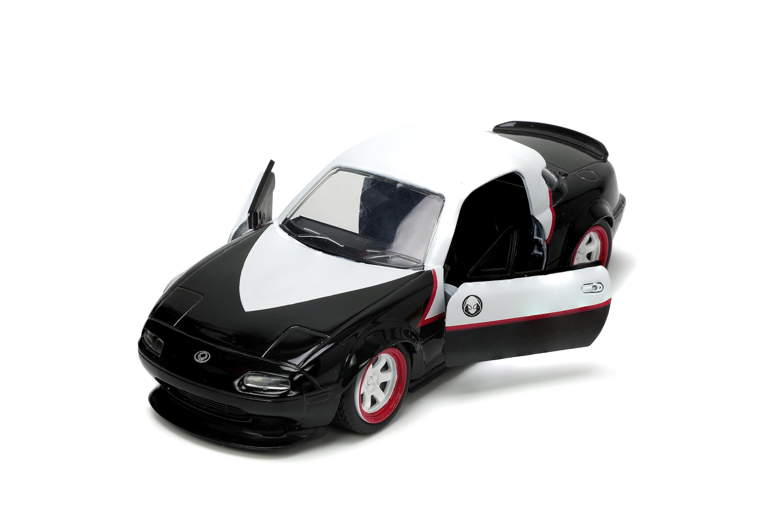 Jada 1990 Mazda Miata Black and White with Graphics and Ghost Spider Diecast Figure Spider-Man Marvel Series 1/32 Diecast Model Car