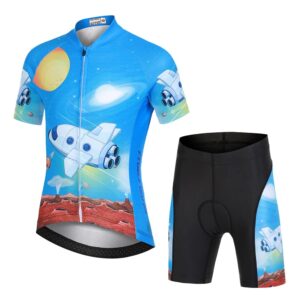 l pattern kids cycling jersey set short sleeve with 3d padded shorts cartoon road mountain bike jersey set for girls boys, spaceship light blue, 6-7 years