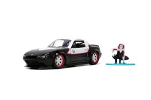 jada 1990 mazda miata black and white with graphics and ghost spider diecast figure spider-man marvel series 1/32 diecast model car