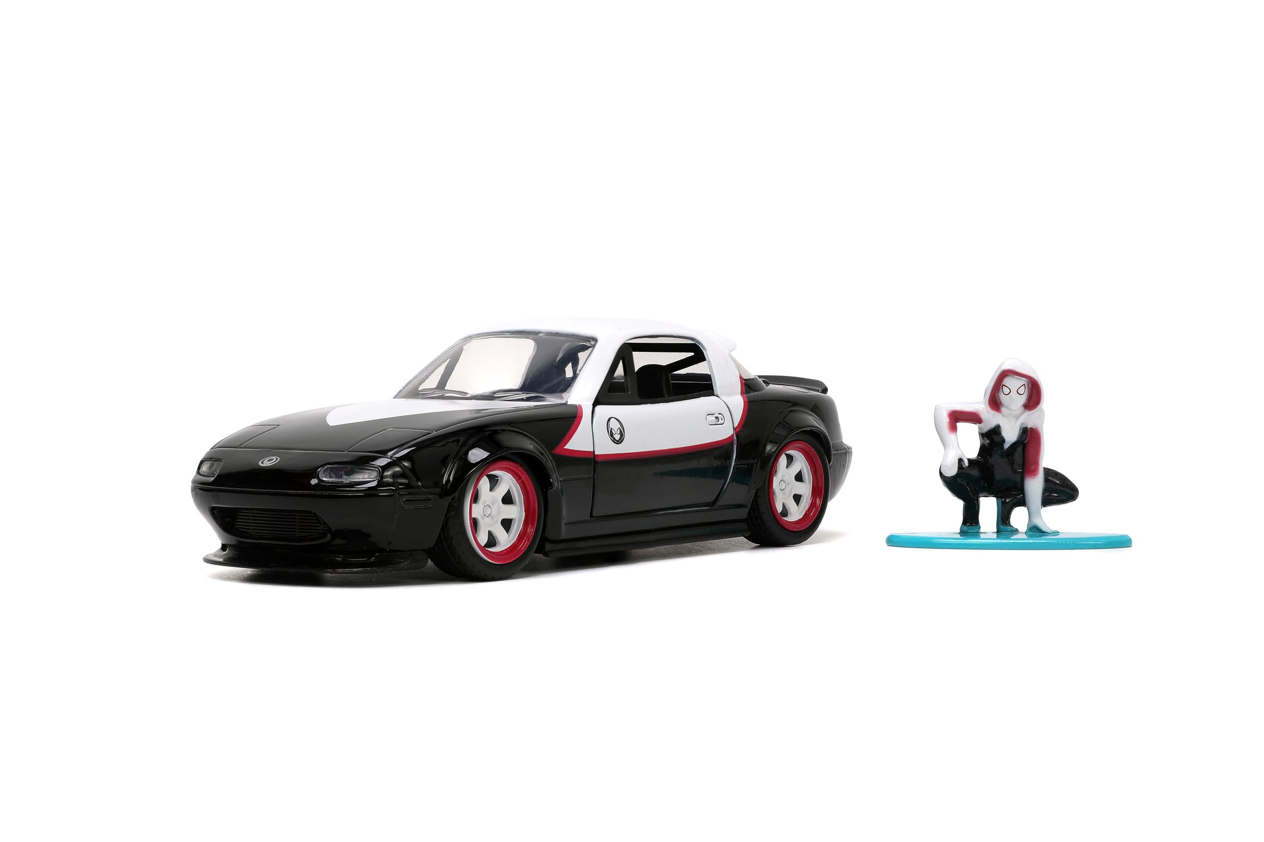 Jada 1990 Mazda Miata Black and White with Graphics and Ghost Spider Diecast Figure Spider-Man Marvel Series 1/32 Diecast Model Car