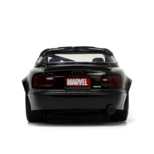 Jada 1990 Mazda Miata Black and White with Graphics and Ghost Spider Diecast Figure Spider-Man Marvel Series 1/32 Diecast Model Car