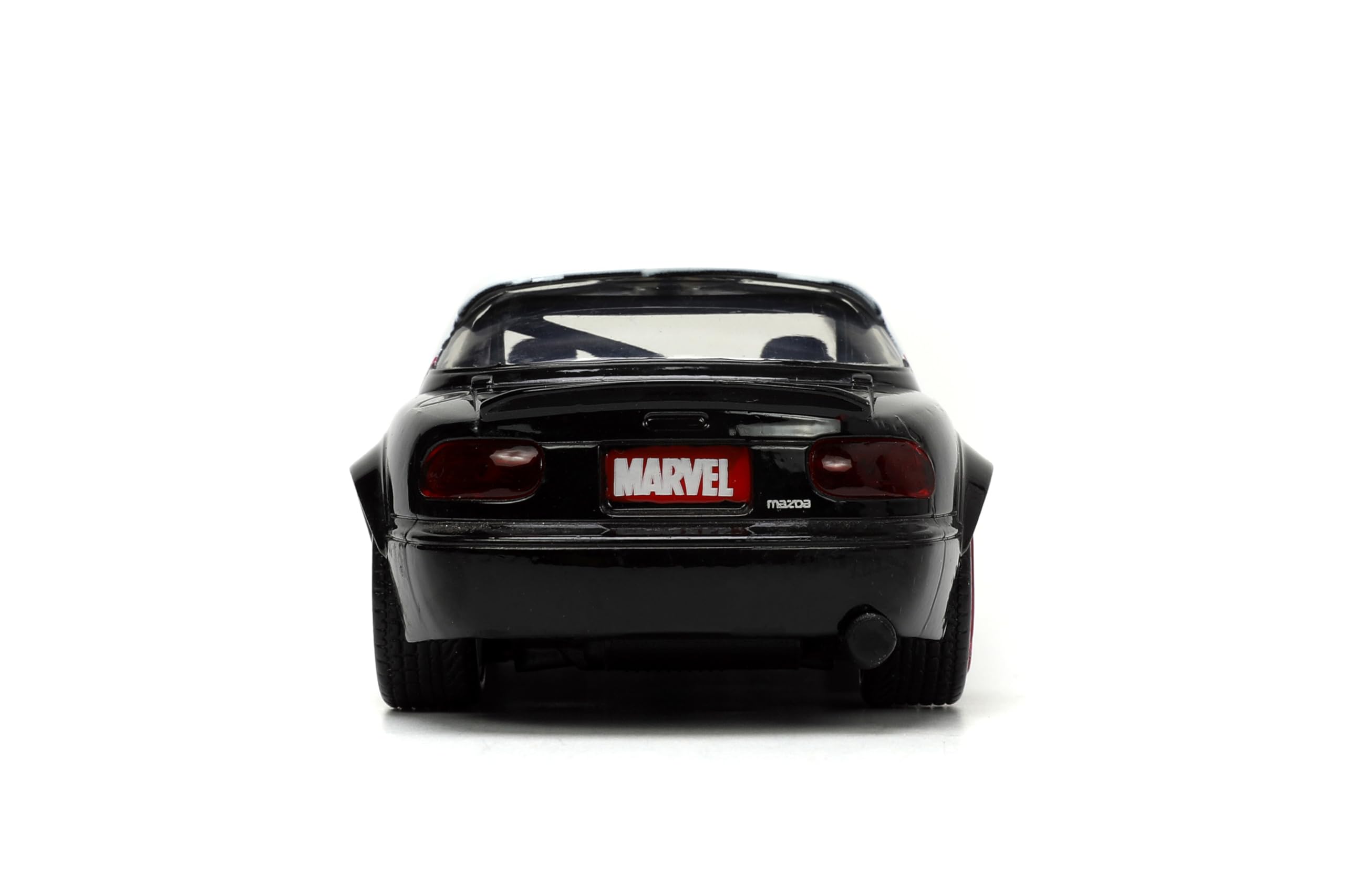 Jada 1990 Mazda Miata Black and White with Graphics and Ghost Spider Diecast Figure Spider-Man Marvel Series 1/32 Diecast Model Car