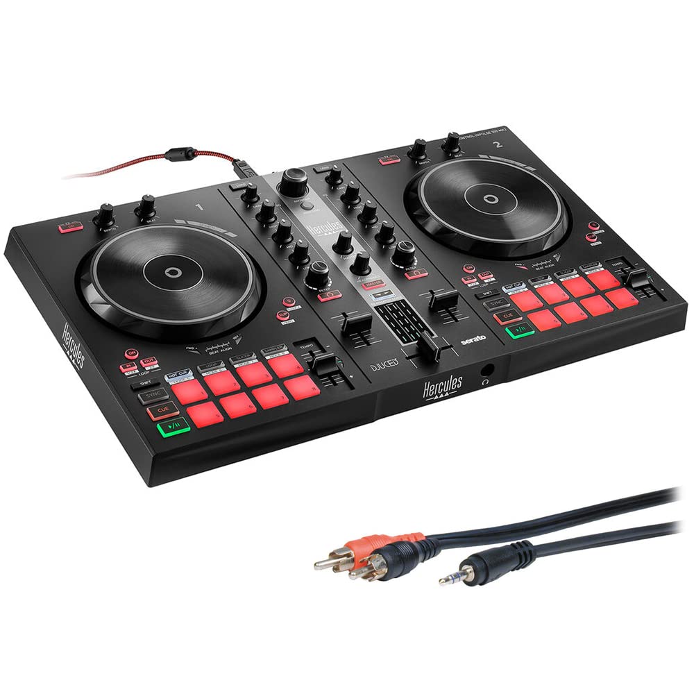 Hercules DJ Control Inpulse 300 2-Deck USB DJ Controller for Serato DJ Lite and DJUCED Bundle with 6' Comprehensive Standard Series 3.5mm Stereo Mini Plug to 2 RCA Plugs Audio Cable