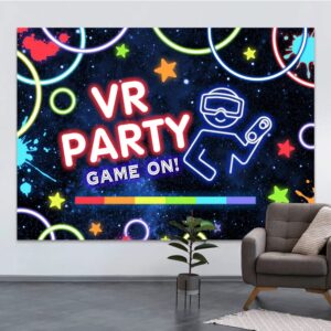 7x5ft game on vr party backdrop birthday game night background colorful video game bday for boy party decoration neon theme level up playstation glow gamer photography supplies photo booth props