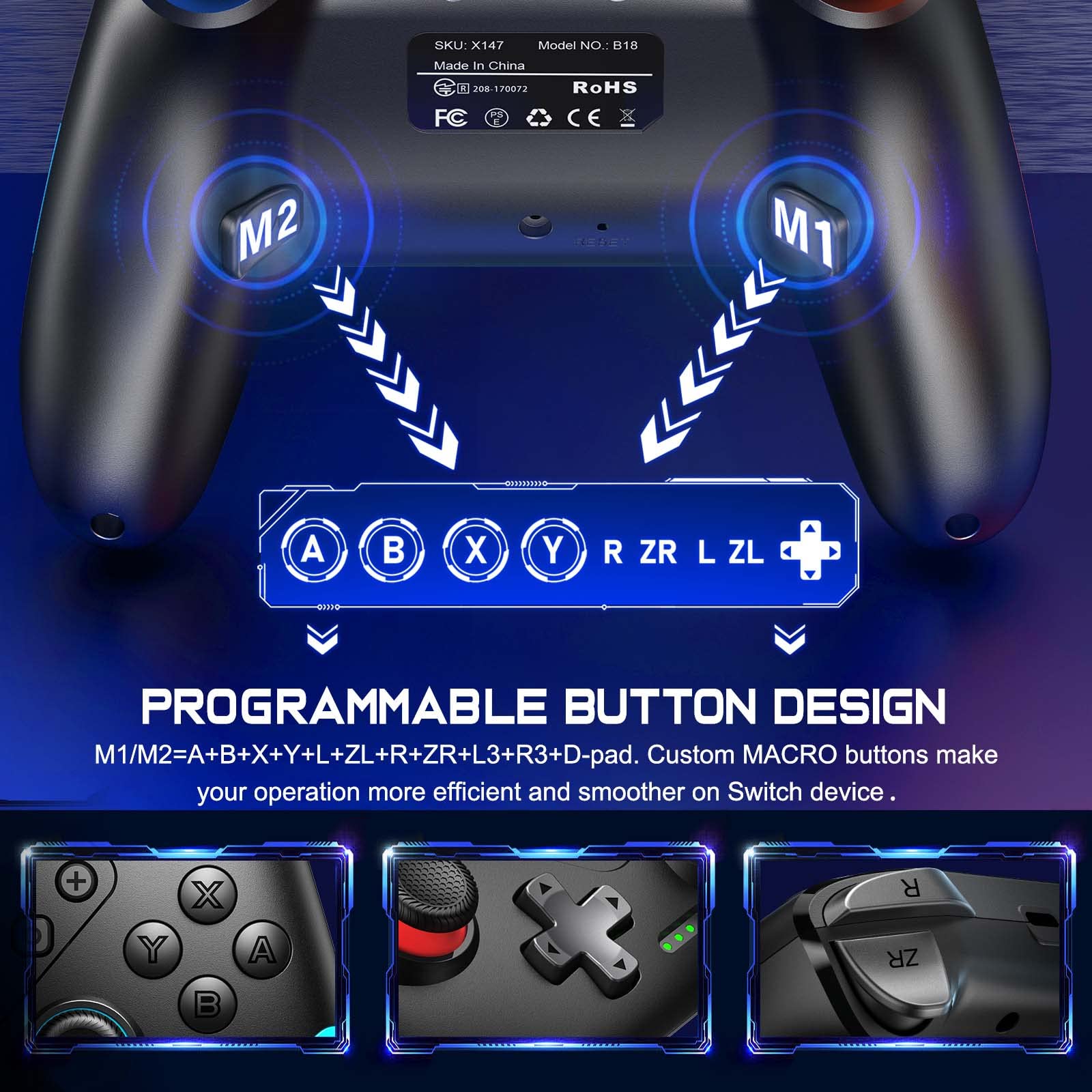 NinjaPlusOX Switch Controller, Wireless Switch Pro Controller for Nintendo Switch Controller/Lite/OLED, Back Buttons for Extra Switch Remote with Programmable,Wakeup, Turbo, Vibration