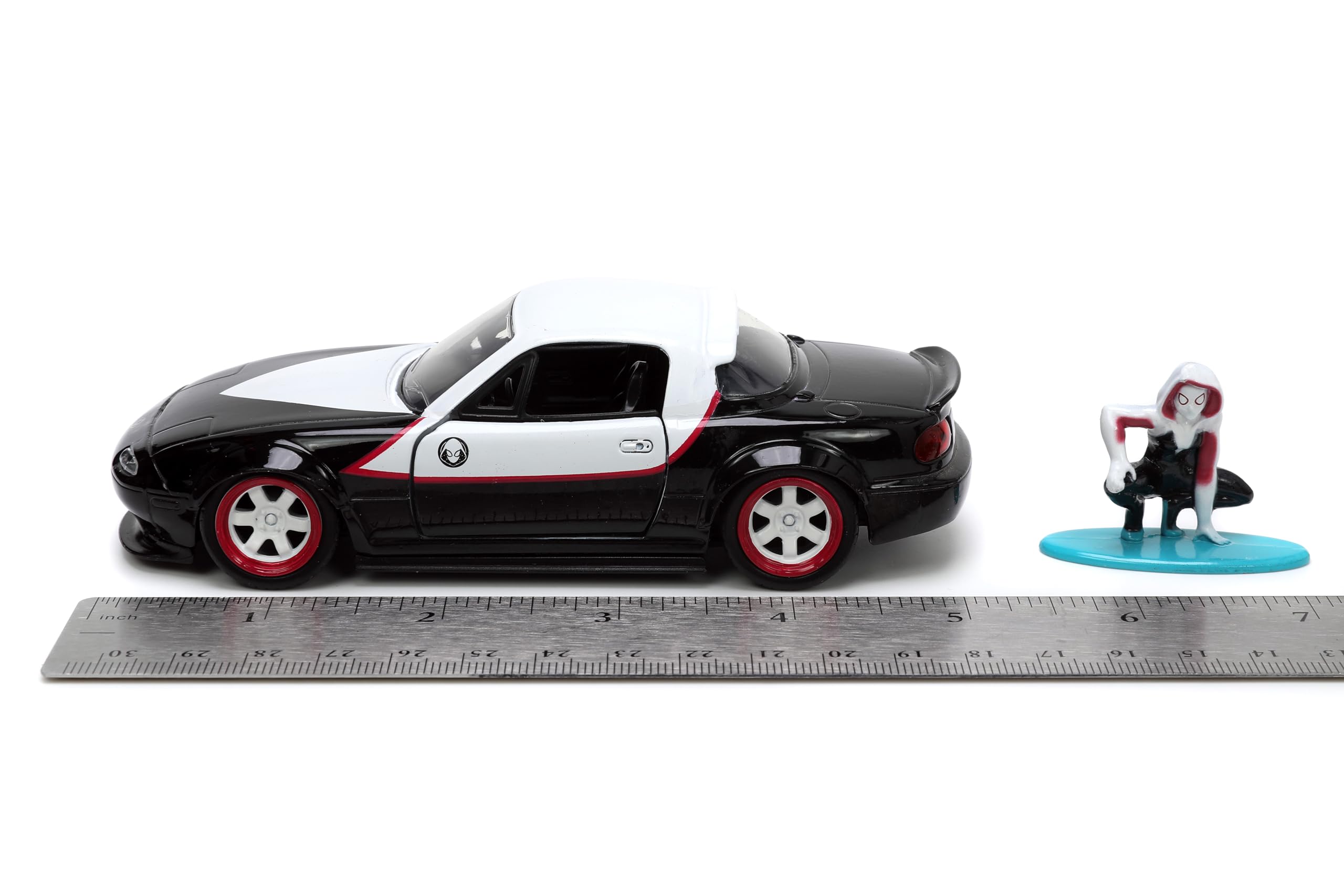 Jada 1990 Mazda Miata Black and White with Graphics and Ghost Spider Diecast Figure Spider-Man Marvel Series 1/32 Diecast Model Car