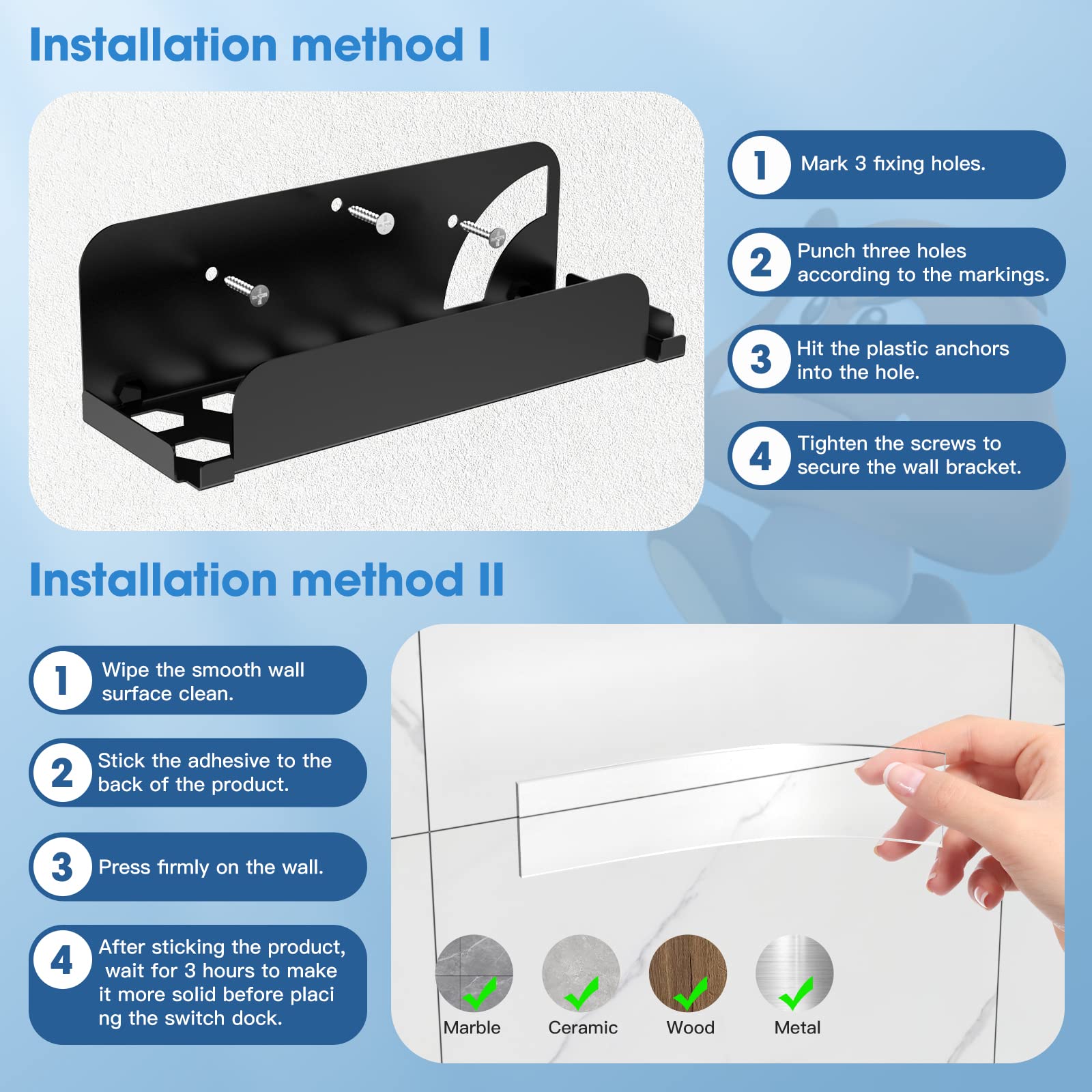 KUNSLCUK Wall Mount for Switch and Switch OLED, Metal Wall Mount Stand Accessories with 28 Game Cards Holder and 2 Joy-Con Hooks, Safely Mount your Switch on Wall Near TV (Black)