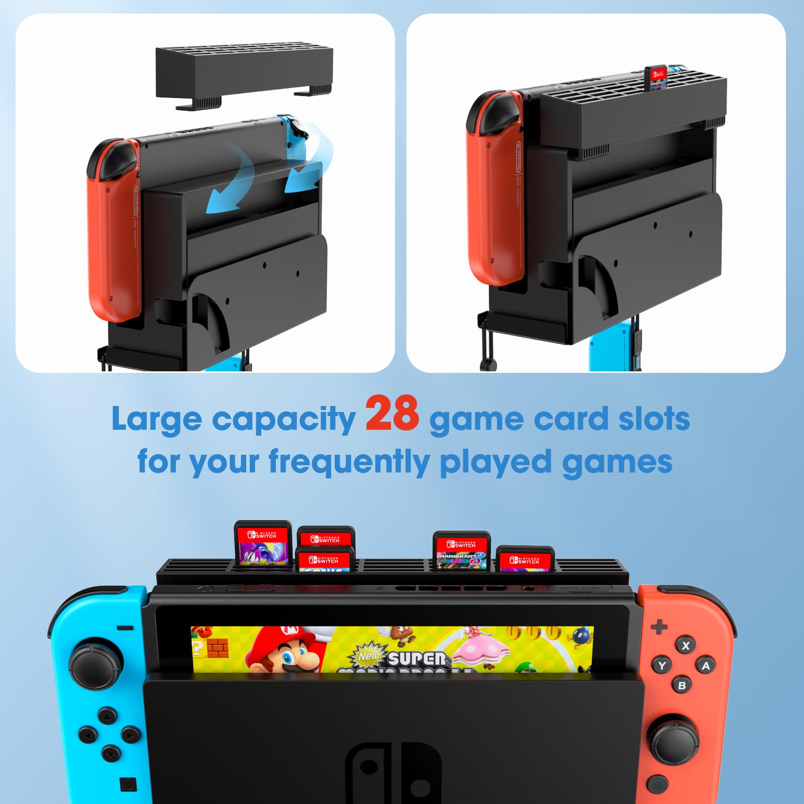 KUNSLCUK Wall Mount for Switch and Switch OLED, Metal Wall Mount Stand Accessories with 28 Game Cards Holder and 2 Joy-Con Hooks, Safely Mount your Switch on Wall Near TV (Black)