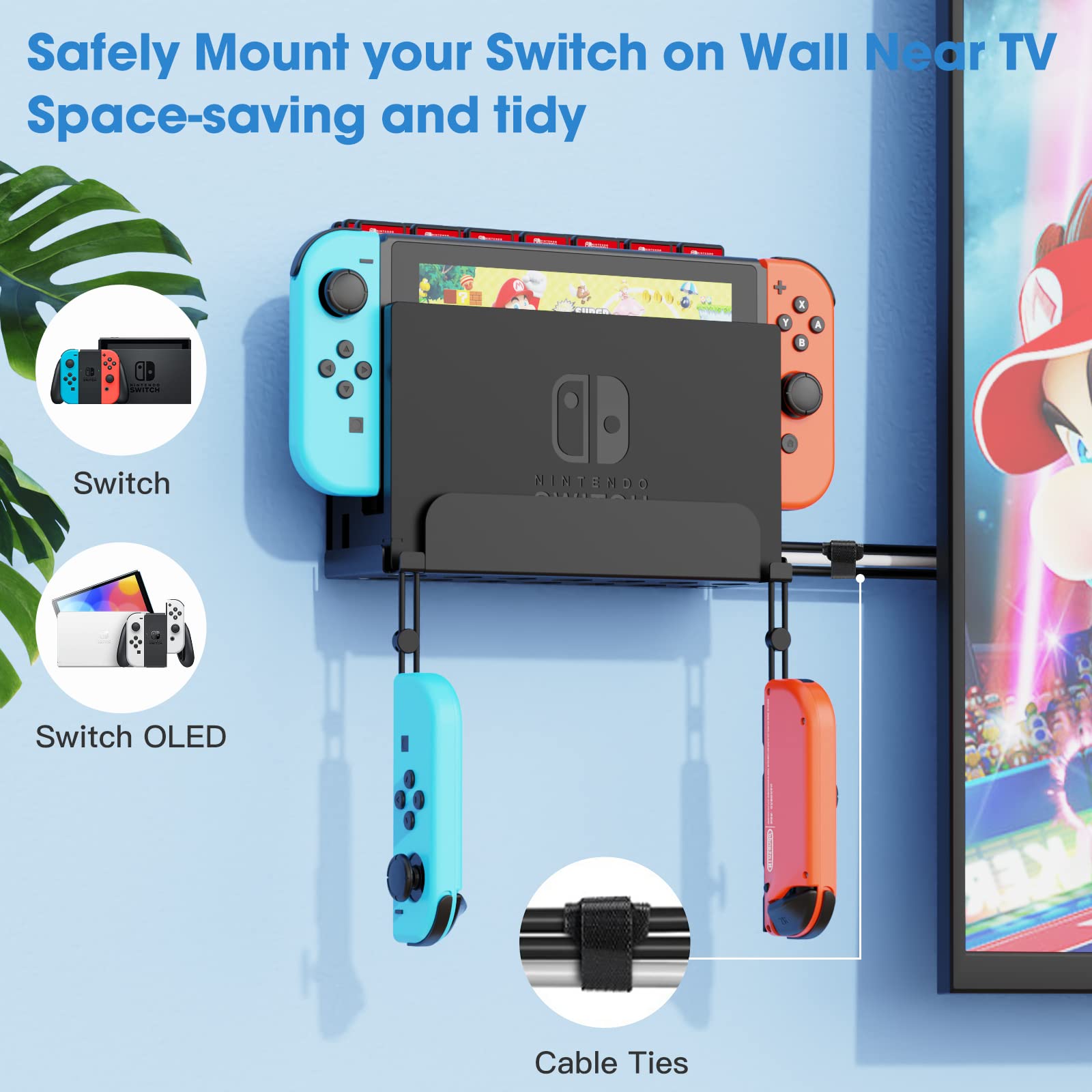 KUNSLCUK Wall Mount for Switch and Switch OLED, Metal Wall Mount Stand Accessories with 28 Game Cards Holder and 2 Joy-Con Hooks, Safely Mount your Switch on Wall Near TV (Black)