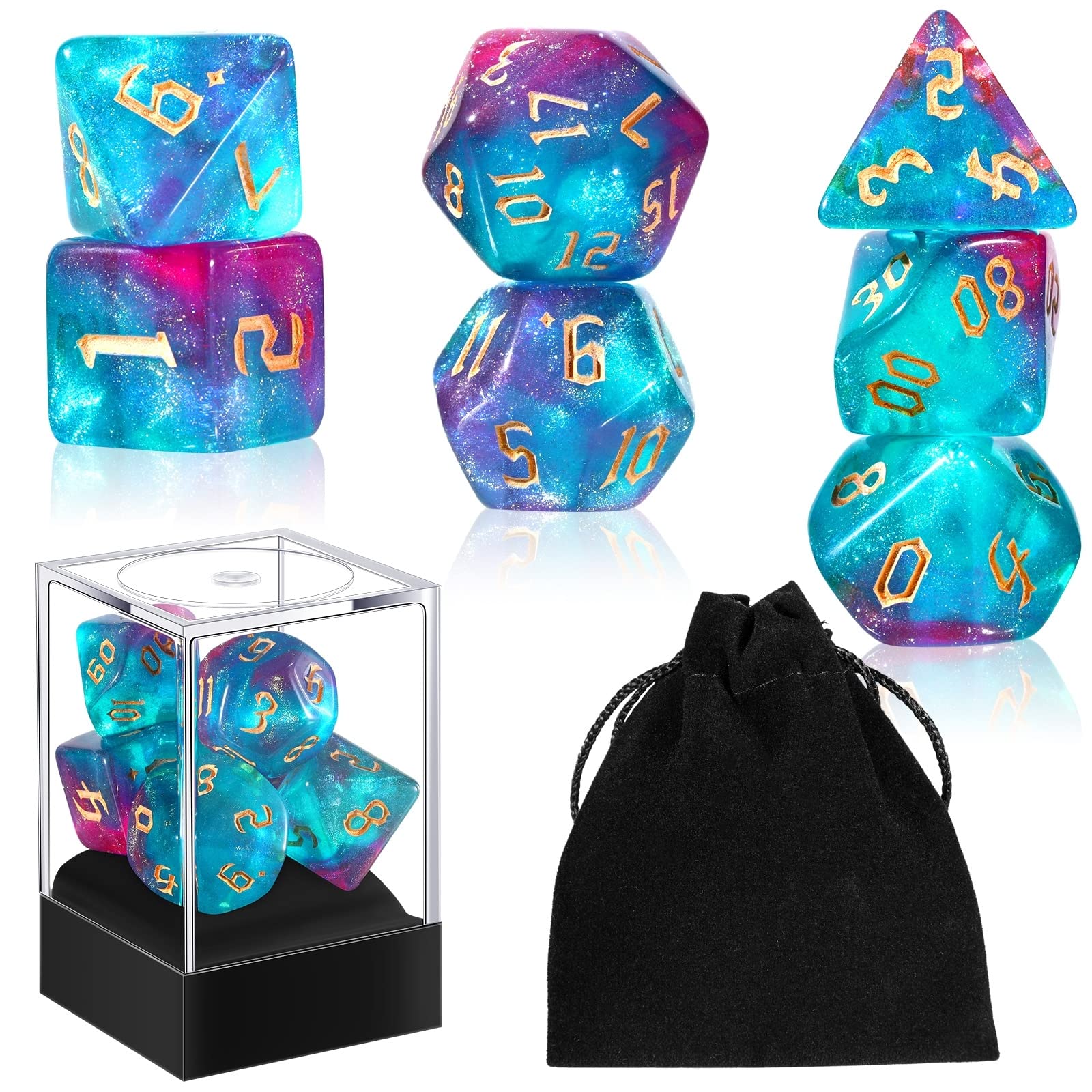 D20 Dice Set Dice Resin Translucent Colors Polyhedral Dice with Dice Box and Organza Bag Giant D4 D6 D8 D10 D12 D20 Dice Set for Role Play Games and Table Games