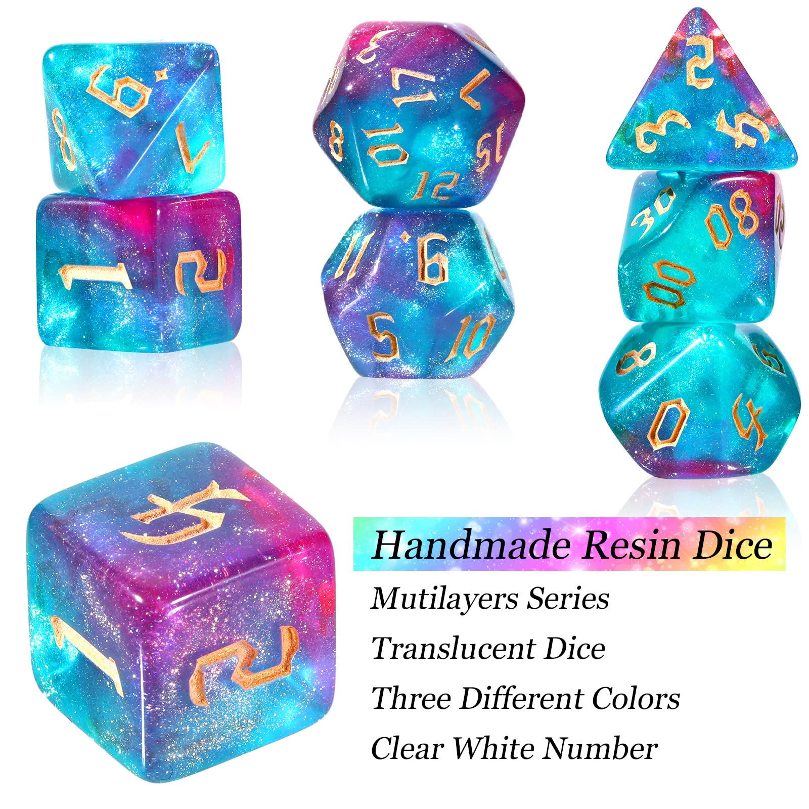 D20 Dice Set Dice Resin Translucent Colors Polyhedral Dice with Dice Box and Organza Bag Giant D4 D6 D8 D10 D12 D20 Dice Set for Role Play Games and Table Games