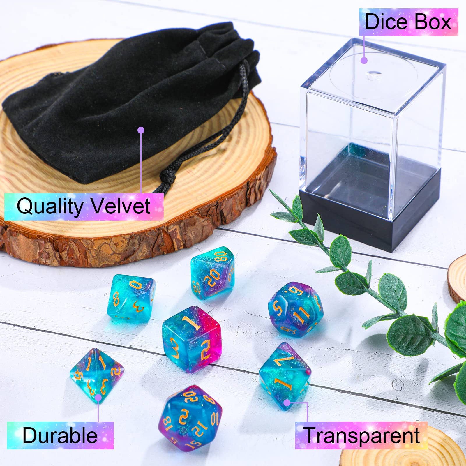 D20 Dice Set Dice Resin Translucent Colors Polyhedral Dice with Dice Box and Organza Bag Giant D4 D6 D8 D10 D12 D20 Dice Set for Role Play Games and Table Games