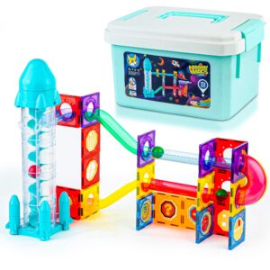 play brainy magnetic marble run for kids ages 3 & up - 130-piece magnetic tiles with rocket elevator, space-themed magnet toys for boys & girls - stem educational toys set with stickers & storage case