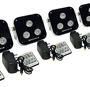 Rockville 4 Pack Mini RF3 Bright DJ Par Up Lights+Bag+RF Remotes+Wireless DMX, Silver