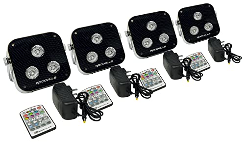 Rockville 4 Pack Mini RF3 Bright DJ Par Up Lights+Bag+RF Remotes+Wireless DMX, Silver