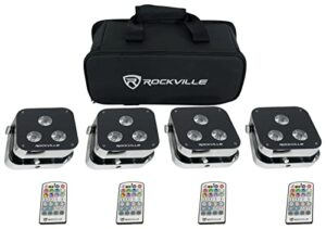 rockville 4 pack mini rf3 bright dj par up lights+bag+rf remotes+wireless dmx, silver