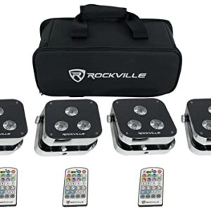 Rockville 4 Pack Mini RF3 Bright DJ Par Up Lights+Bag+RF Remotes+Wireless DMX, Silver