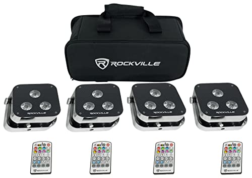 Rockville 4 Pack Mini RF3 Bright DJ Par Up Lights+Bag+RF Remotes+Wireless DMX, Silver