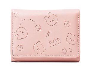 yajama cute rabbit bear women wallet small pu leather trifold slim credit card case holder organizer with id window for girls (pink)