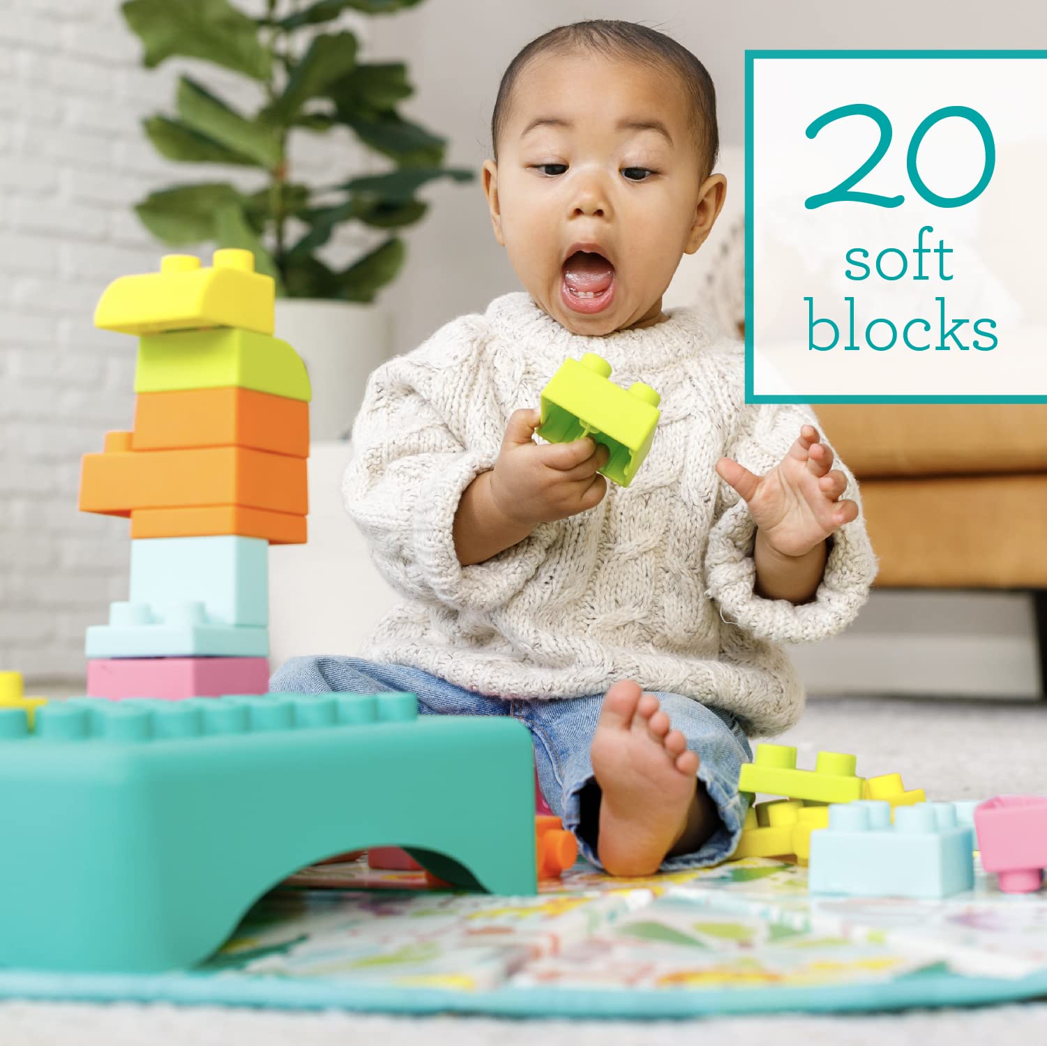 Infantino Super Soft 1st Building Blocks Activity Station, Easy-to-Hold for Babies & Toddlers, BPA-Free, Multi-Colored, 22-Piece Set with Storage Box and Mat