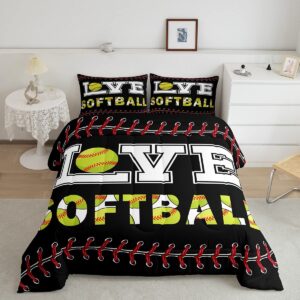 softball lovers kids comforter set queen size,ball sports games competition bedding set,girls boys adults bedroom decor,modern fashion down comforter,red black bright duvet insert,2 pillowcases