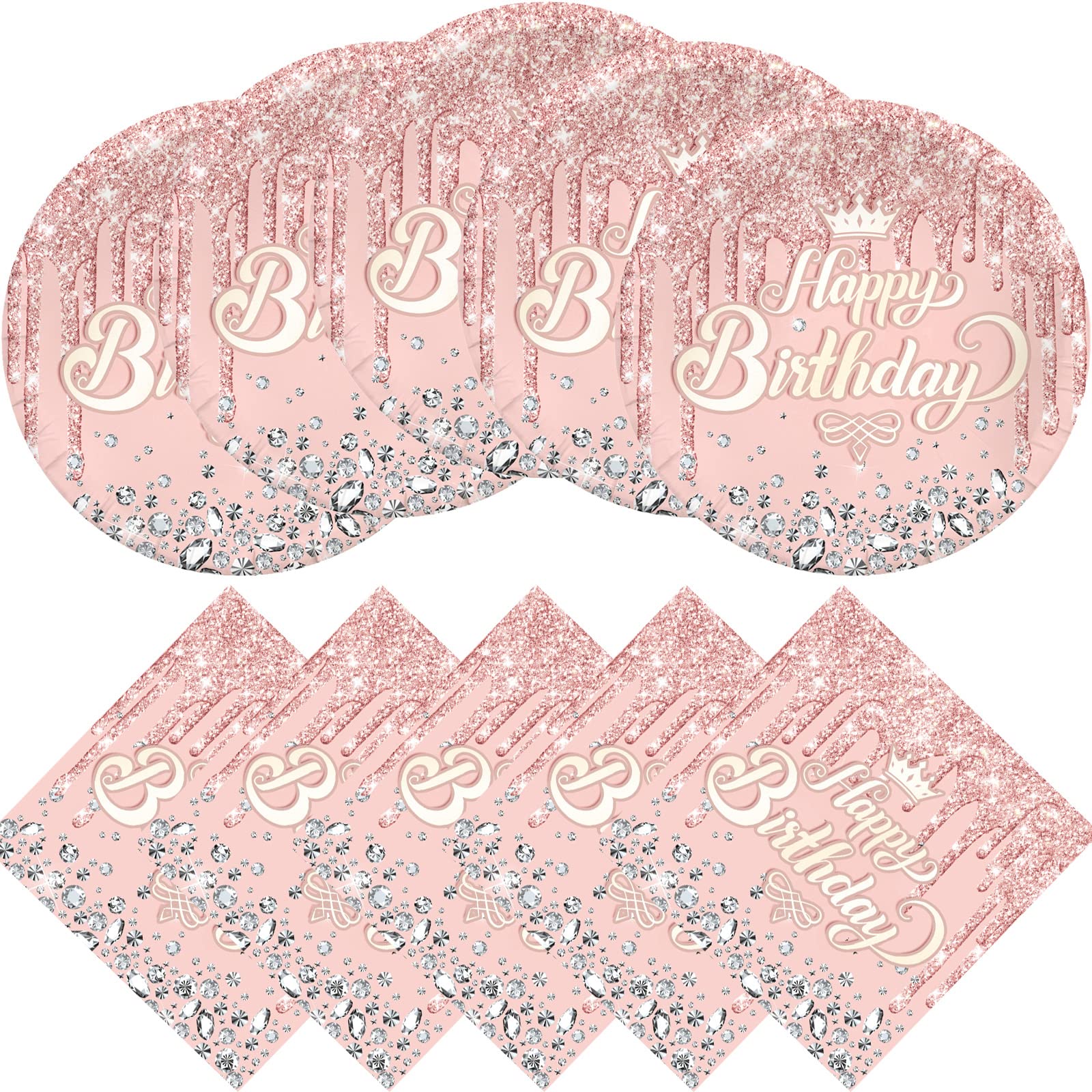 Pink Rose Goldr Birthday Party Supplies, Include 20 Plates and 20 Napkins, Pink Rose Goldr Theme Birthday Party Decorations for Kid Girls Women Glitter Diamond Party Supplies