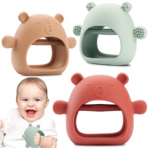 baby teething toys, aeolz anti-drop silicone bear teether mitten for babies over 3 months, wrist hand teethers baby chew toys for sucking needs, bpa-free, 3 pack