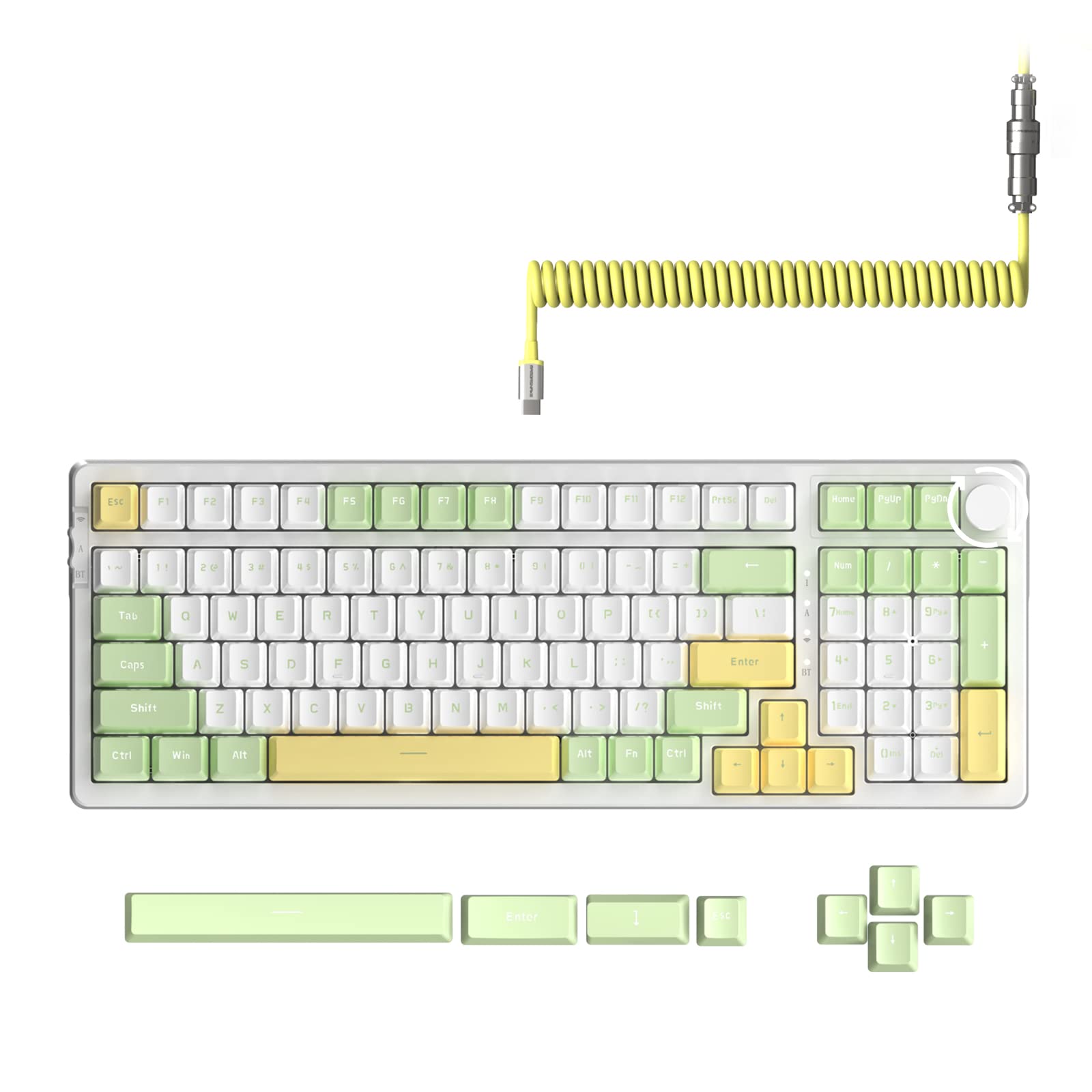 A.JAZZ AK992 99Keys Hot Swappable,Bluetooth/2.4G/Wired,Gasket Mount,RGB Backlight,Mechanical PC Gaming Keyboard,Coiled USB C Cable,Custom Clicky Switch,Knob Control,PBT Keycaps(Spring Green)