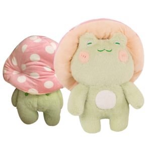 frog plush toys, 17" cute frog with red mushroom hat stuffed animals, kawaii plushies gift for kids girls adults valentines birthdays gift（light green pink hat, 17inch）