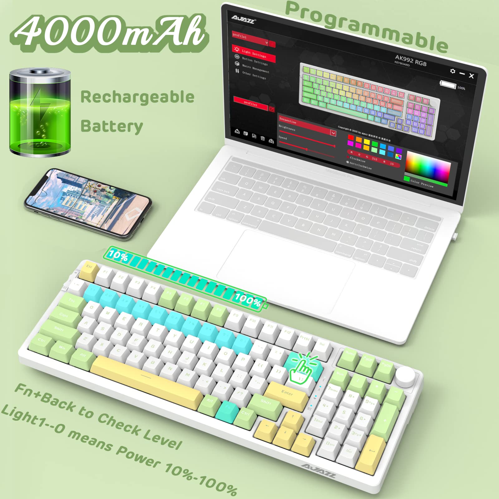 A.JAZZ AK992 99Keys Hot Swappable,Bluetooth/2.4G/Wired,Gasket Mount,RGB Backlight,Mechanical PC Gaming Keyboard,Coiled USB C Cable,Custom Clicky Switch,Knob Control,PBT Keycaps(Spring Green)