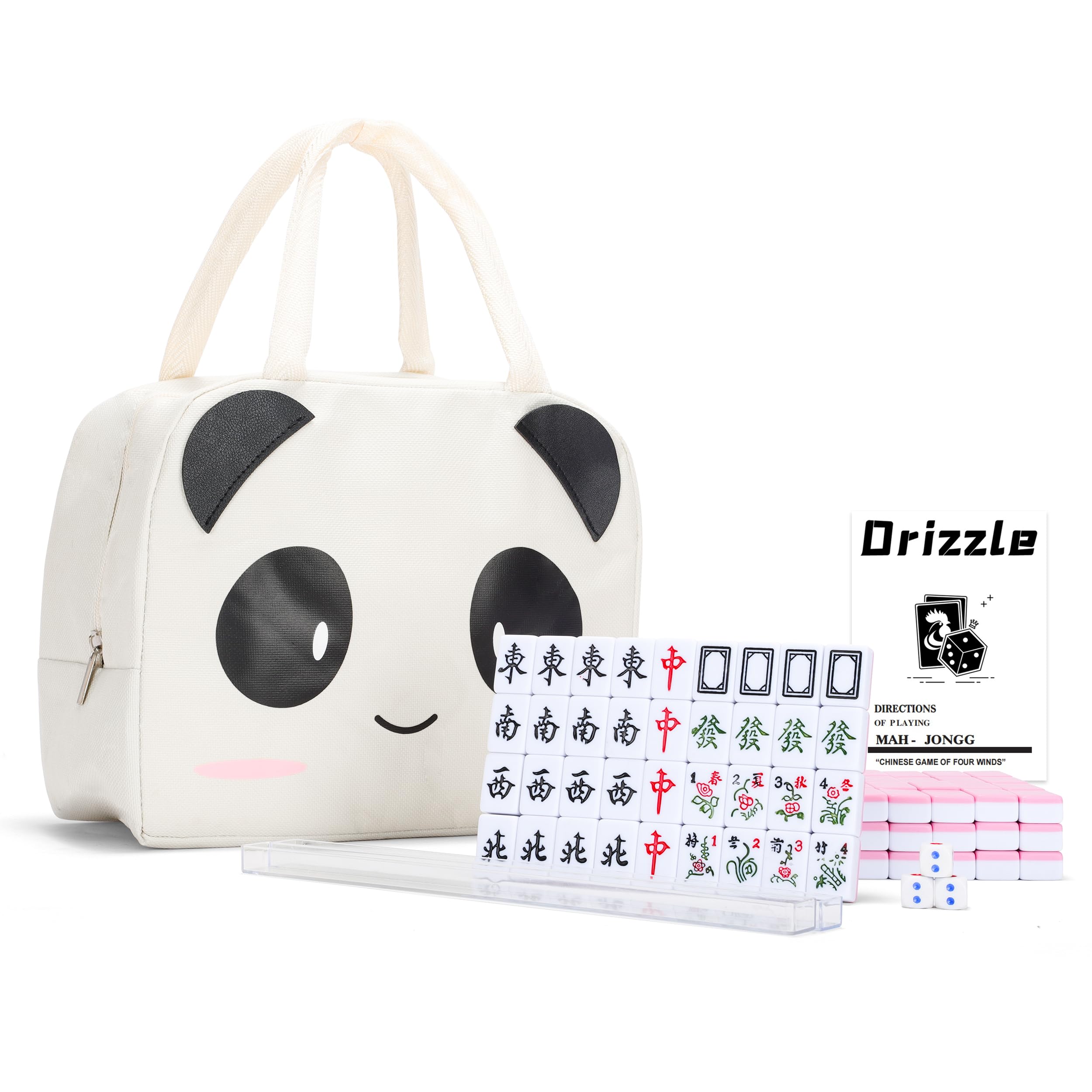 drizzle Pink 24mm Travel Mahjong Game Set Mini Panda - 0.9" Portable 144 Tiles - 4Pcs Racks Melamine Material Mah-Jong Family Leisure Time 2.76 Pounds - 旅行麻将